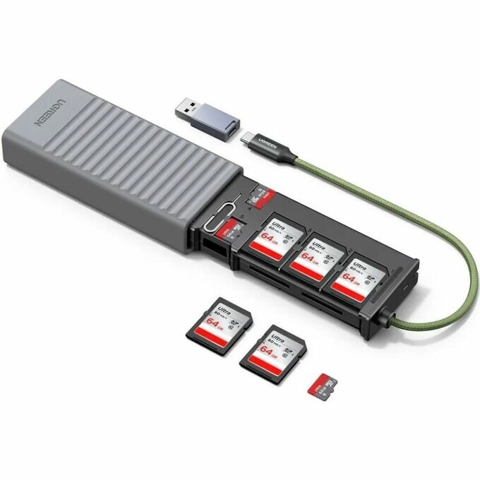 Мультифункциональный кейс для карт памяти UGREEN CM856 (55899) Multi-function USB-A USB-C 2×SD Card Slot 1×TF Card Slot Card Reader Case серый