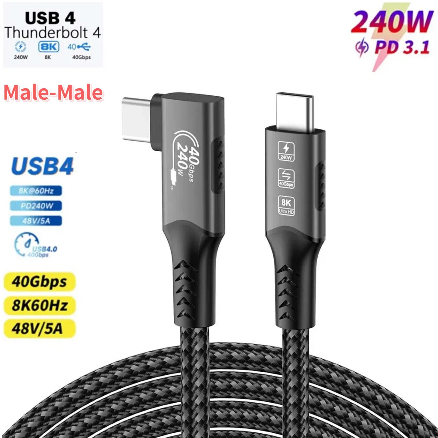 Кабель USB 4 Thunderbolt 4, 1m, 40 Гбит/с, Цвет: 1032-Elbow-USB4
