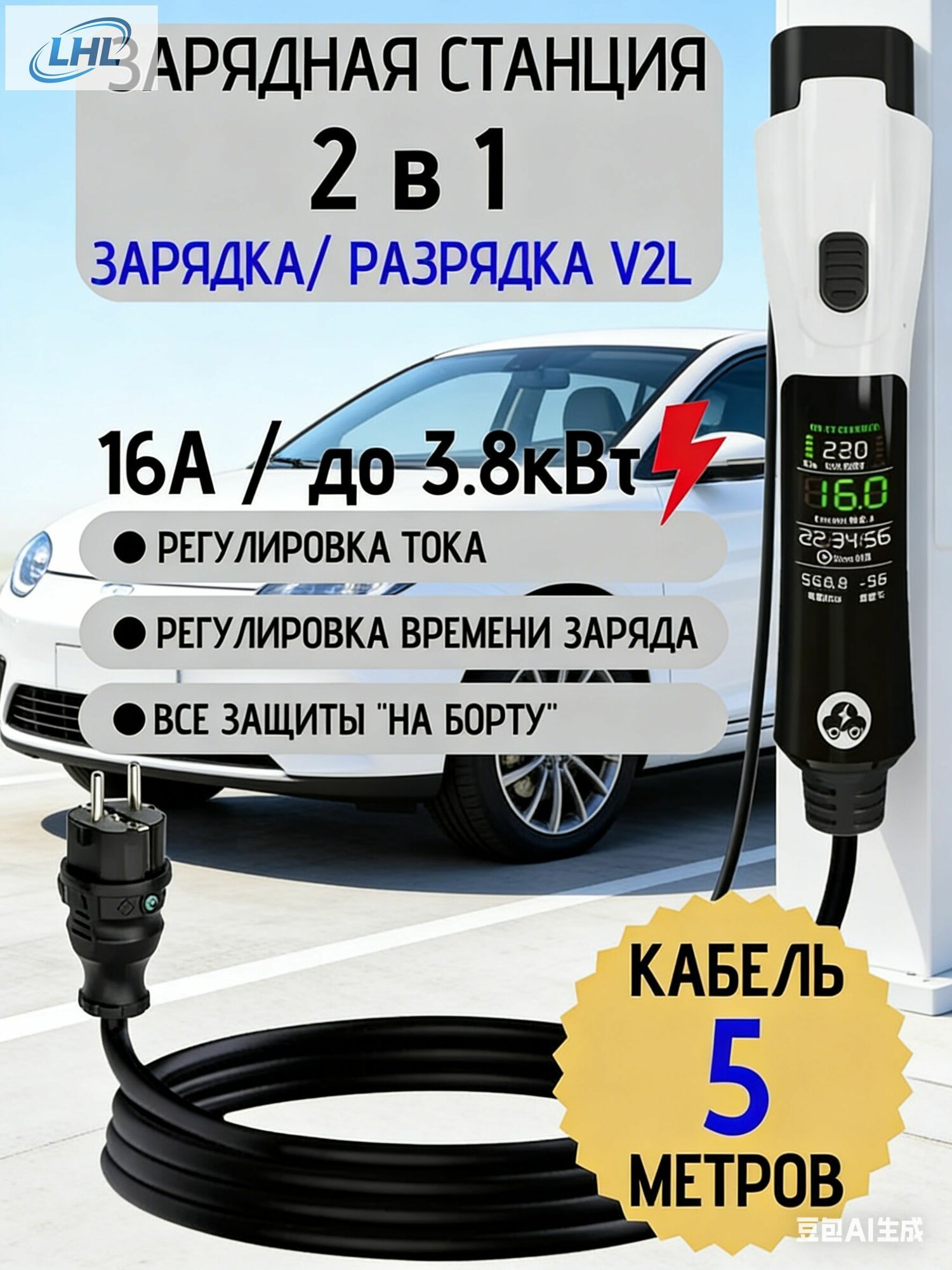 Зарядная станция для электромобиля 3.8кВт портативная с разъемом GBT и кабелем 5м 2в1 Type2/GBT, регулировка тока