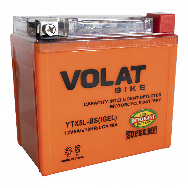Аккумулятор мотоциклетный Volat 5Ah 80А YTX5L-BS ОП (iGEL) R+ (113x70x106) 113x70x106