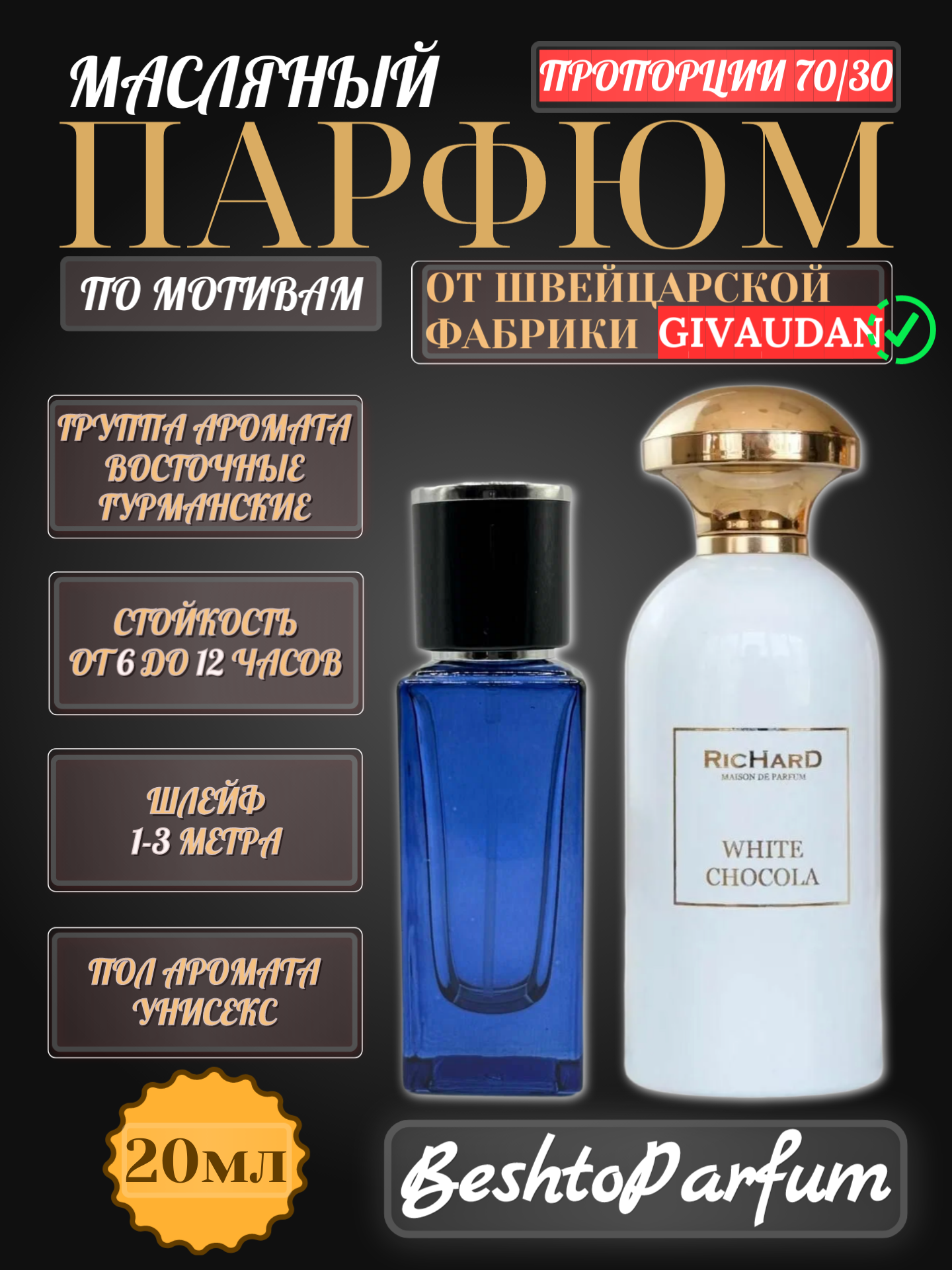 Масляные духи по мотивам Richard White Chocola — стойкий сладкий гурманский шоколадно-ванильный аромат / 20мл