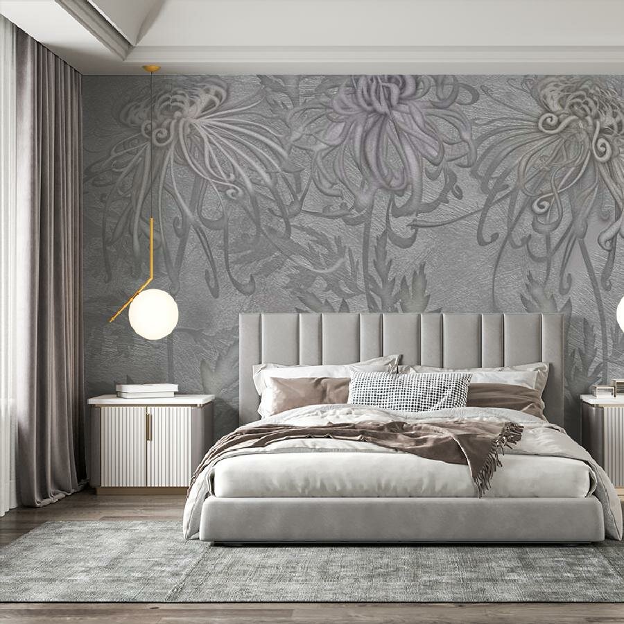 Фотообои 3Д цветы серые 13-1001-M-Флок 270 x 300 см (ВхШ) Бесшовные, флизелиновые, влагостойкие обои
