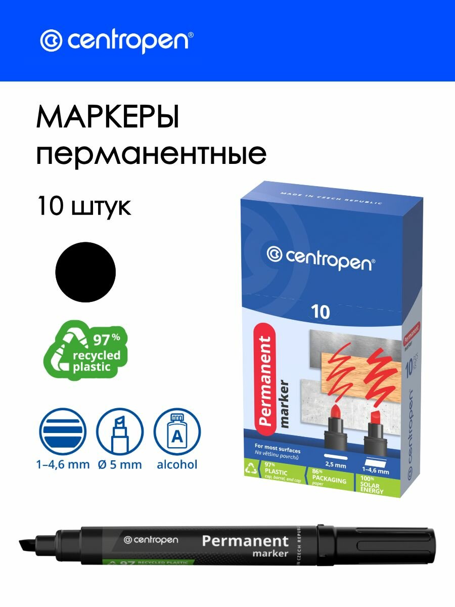 Centropen PERMANENT маркер перманентный, перо скошенное 1-4,6 мм, упаковка 10 штук, Черный 8576/1