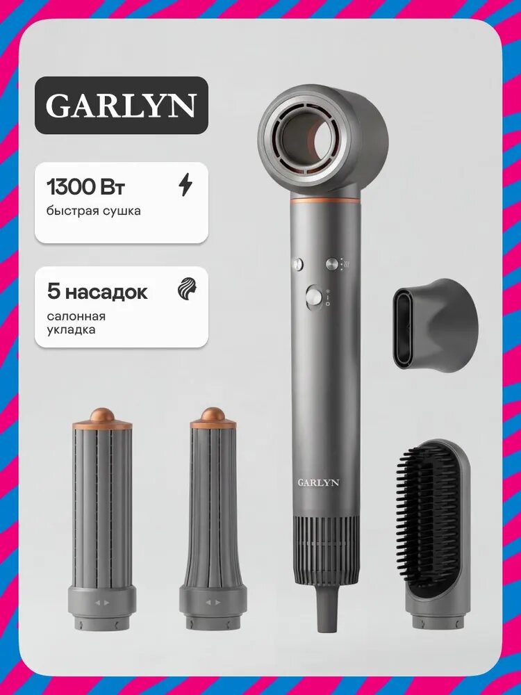 Фен GARLYN Air Multi Pro для создания локонов с эффектом Коанда. Профессиональный стайлер для укладки, кудрявых волос, локонов. Мощный фен-выпрямитель с 5 насадками