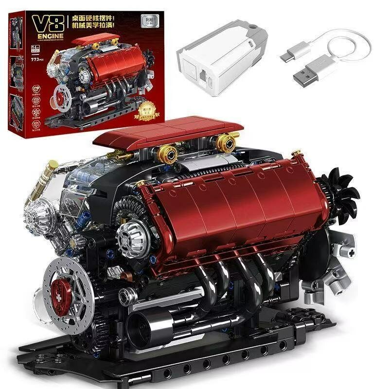 Сборная модель двигателя V8 из блоков, механическая, с электроприводом, для декора и обучения