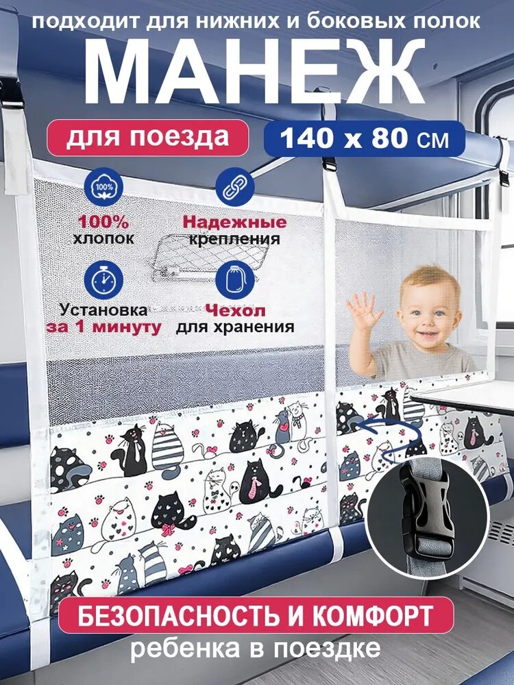 Защитный манеж-сетка длиной 140 см на всю полку детской кроватки-поезда с узором Коты