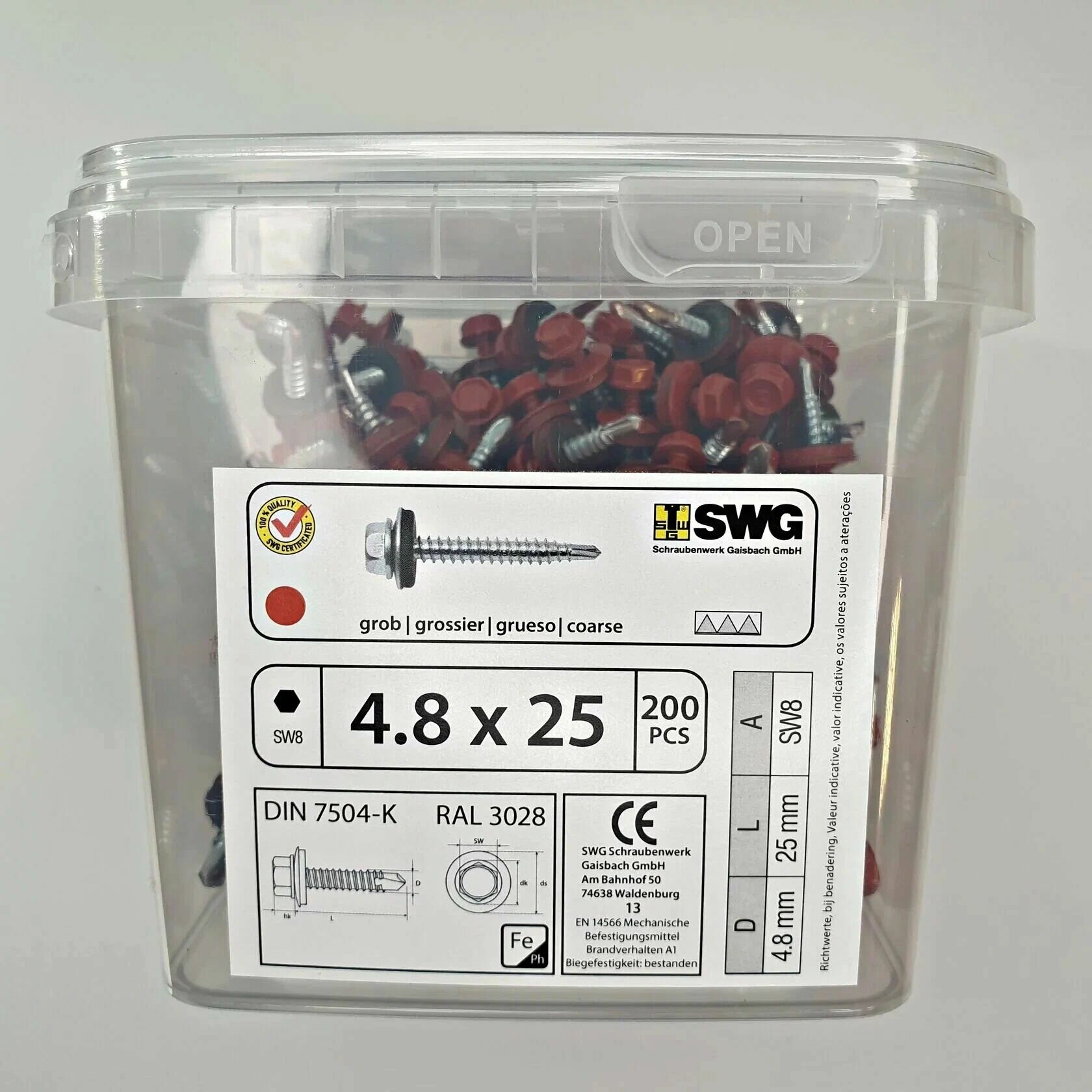 Саморез по металлу DIN 7504-K RAL 3028 4.8x25 (200 pcs) SW8 SWG, Германия