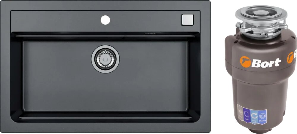 Комплект Мойка Alveus Atrox Granital 40 79x50, карбон, искусственный гранит / Измельчитель Bort Titan 5000 Control электрический, нержавеющая сталь