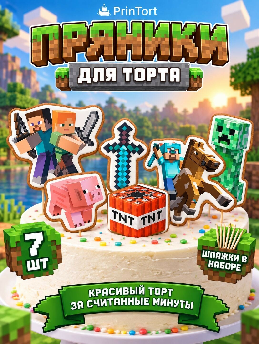 Пряники на торт Майнкрафт (Minecraft)