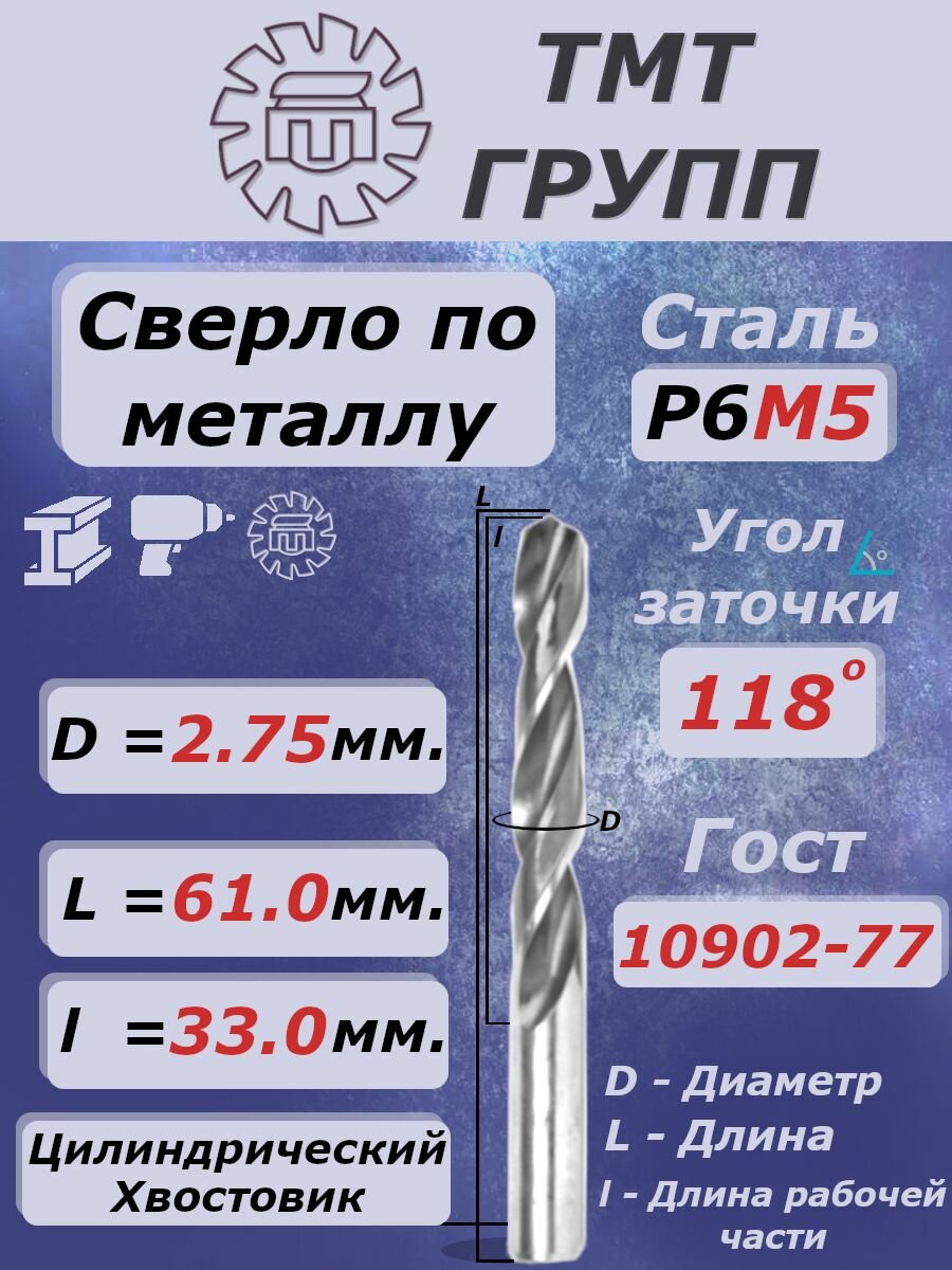 Сверло 2.75 мм. по металлу, цилиндрический хвостовик, ц/х, Р6М5 ТМ*