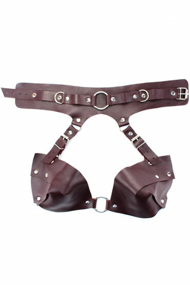 BDSM Арсенал Сбруя из ошейника и лифа Lady's Arsenal, бордовая С кольцами для фиксации и ошейника