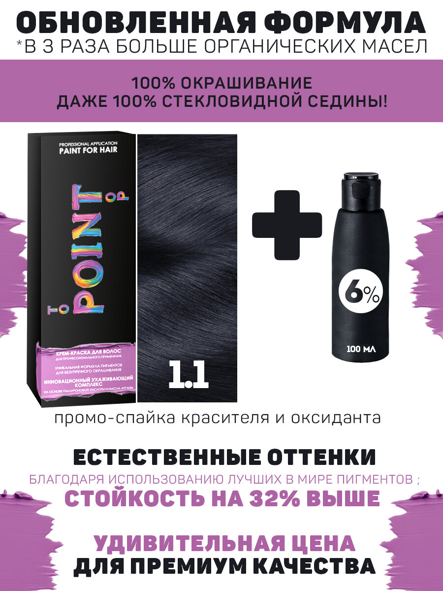 POINT. Промо Краска для волос для проф. прим, тон №1.1, Иссиня-чёрный пепельный + 6% оксид, 100/100мл*