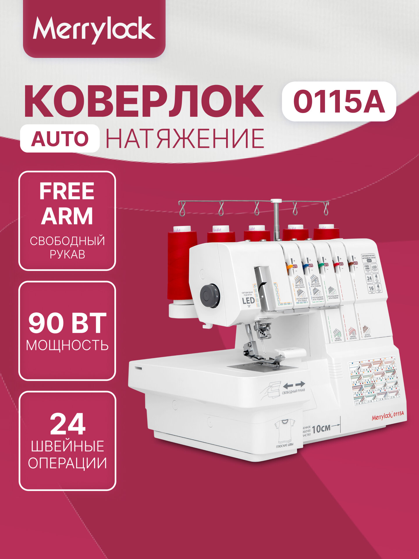 Коверлок Merrylock 0115А, 24 операции, съемный рукав, автонатяжение, мусоросборник