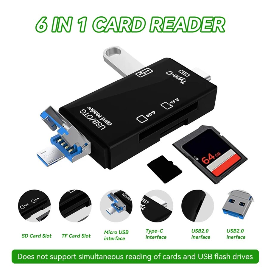 Кардридер 6-в-1 VAORLO USB Type-C черный