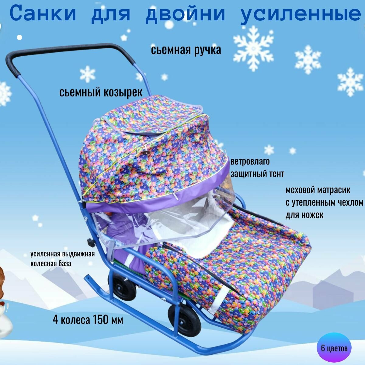 Санки для двойни , близнецов, погодок с колесами усиленные бок о бок