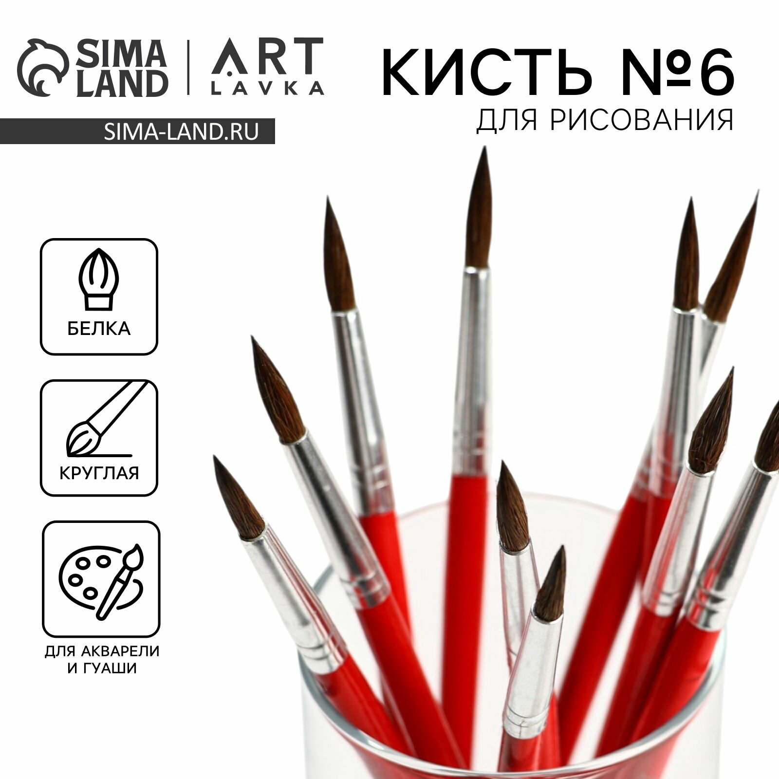Кисть для рисования из волоса белка круглая № 6, материал ворса кисти: имитация белки, 10 шт.