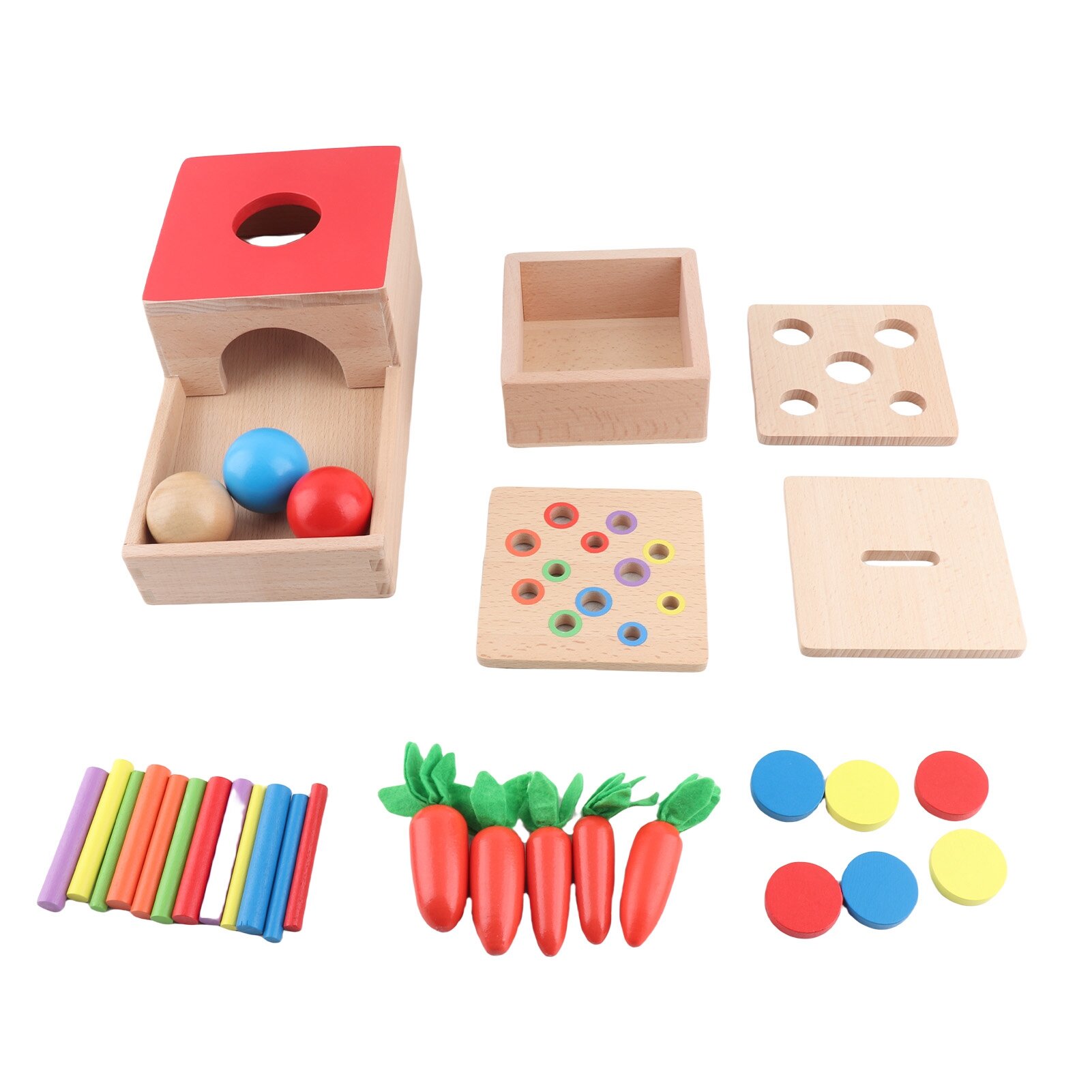 Деревянный игровой набор 4 в 1: Коробка для развития навыков ориентирования на постоянство объектов, сбор урожая моркови, сортировка по форме и цвету, складывание в стопку — развивающая игрушка для малышей.