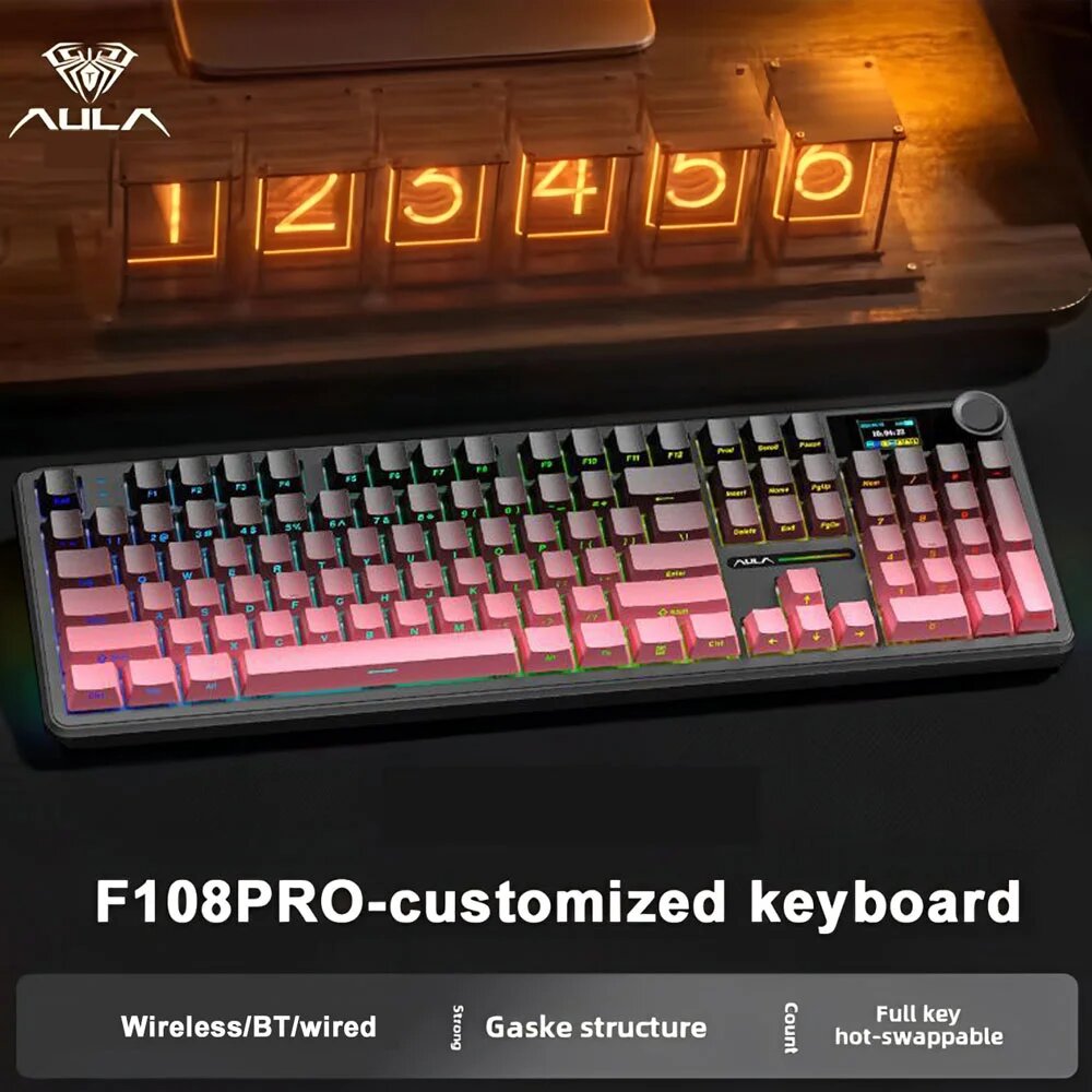AULA F108 PRO Беспроводная механическая клавиатура Graywood V3 Axis, Gradient Pink