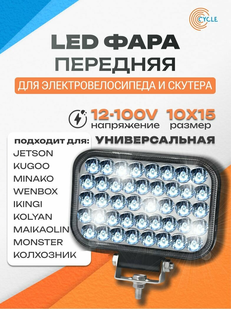 Фара светодиодная передняя универсальная LED для электровелосипеда, скутера, 12-100V, крепление в комплекте