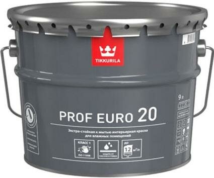 Краска для Стен и Потолков Tikkurila Prof Euro 20 9л Экстра Моющаяся для Влажных Помещений / Тиккурила Проф Евро 20.