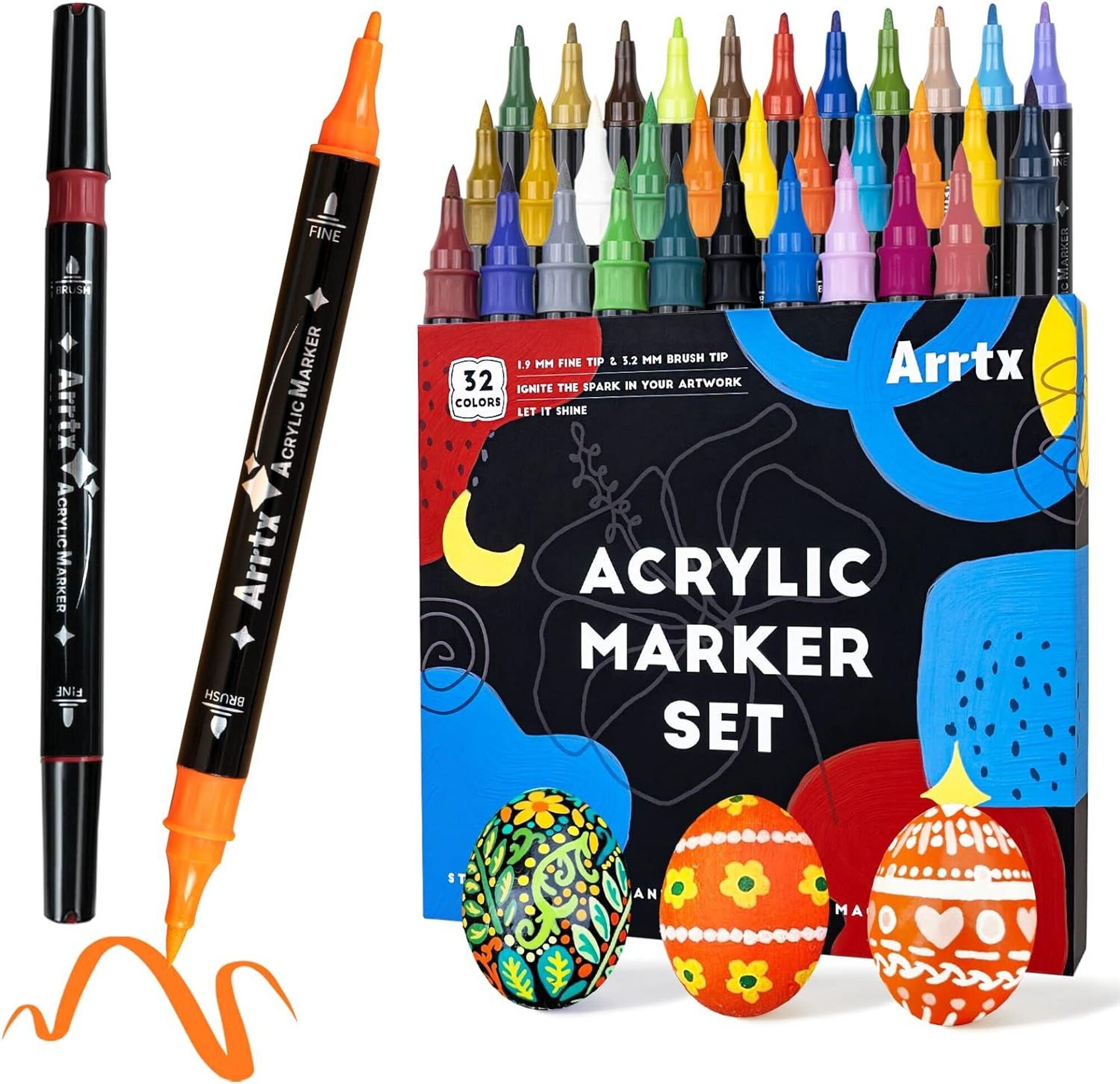 Маркеры акриловые Arrtx перманентные, 32 цвета, двухсторонние, толщина кончика 3.2мм и 1.9мм