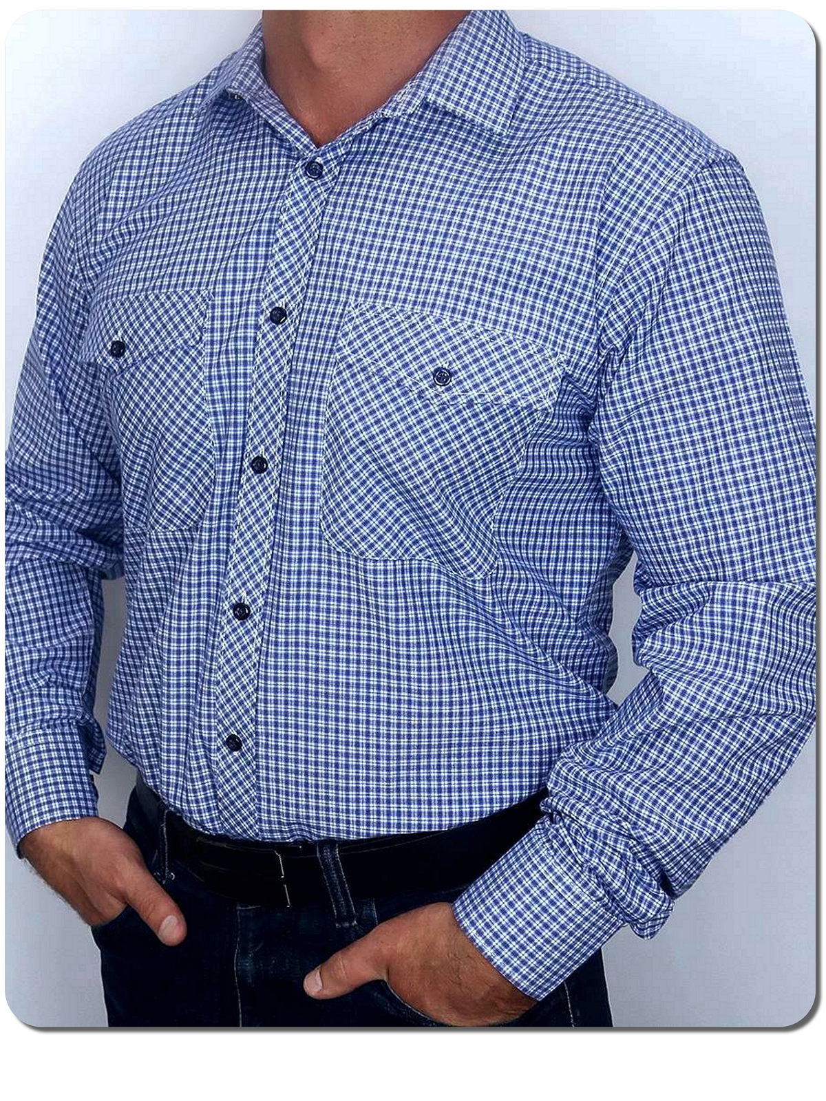 Рубашка Мужская рубашка с длинным рукавом прямая классическая, светлая сорочка на пуговицах, рубаха на любой сезон, синяя клетка, с двумя карманами и клапанами, на любой сезон и на лето рубашка