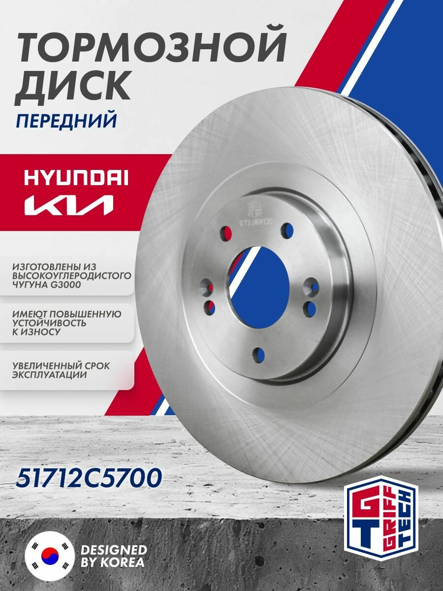 Тормозной диск передний GRIFF TECH для KIA Sorento Prime / Hyundai Santa Fe / Киа Соренто / 51712C5700 GT51KH135