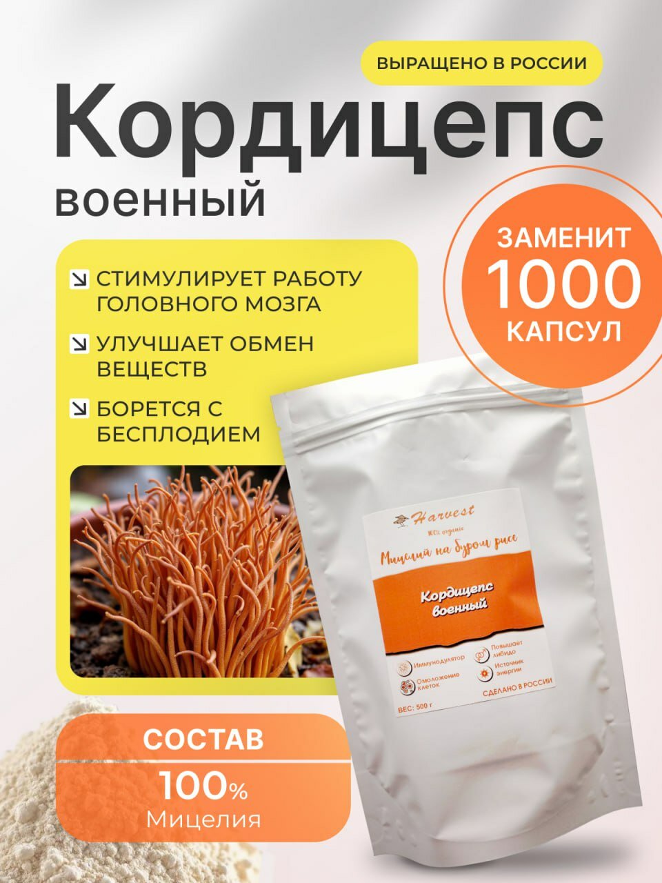 Кордицепс военный Мицелий молотый 500 грамм, укрепление иммунитета, активация энергии