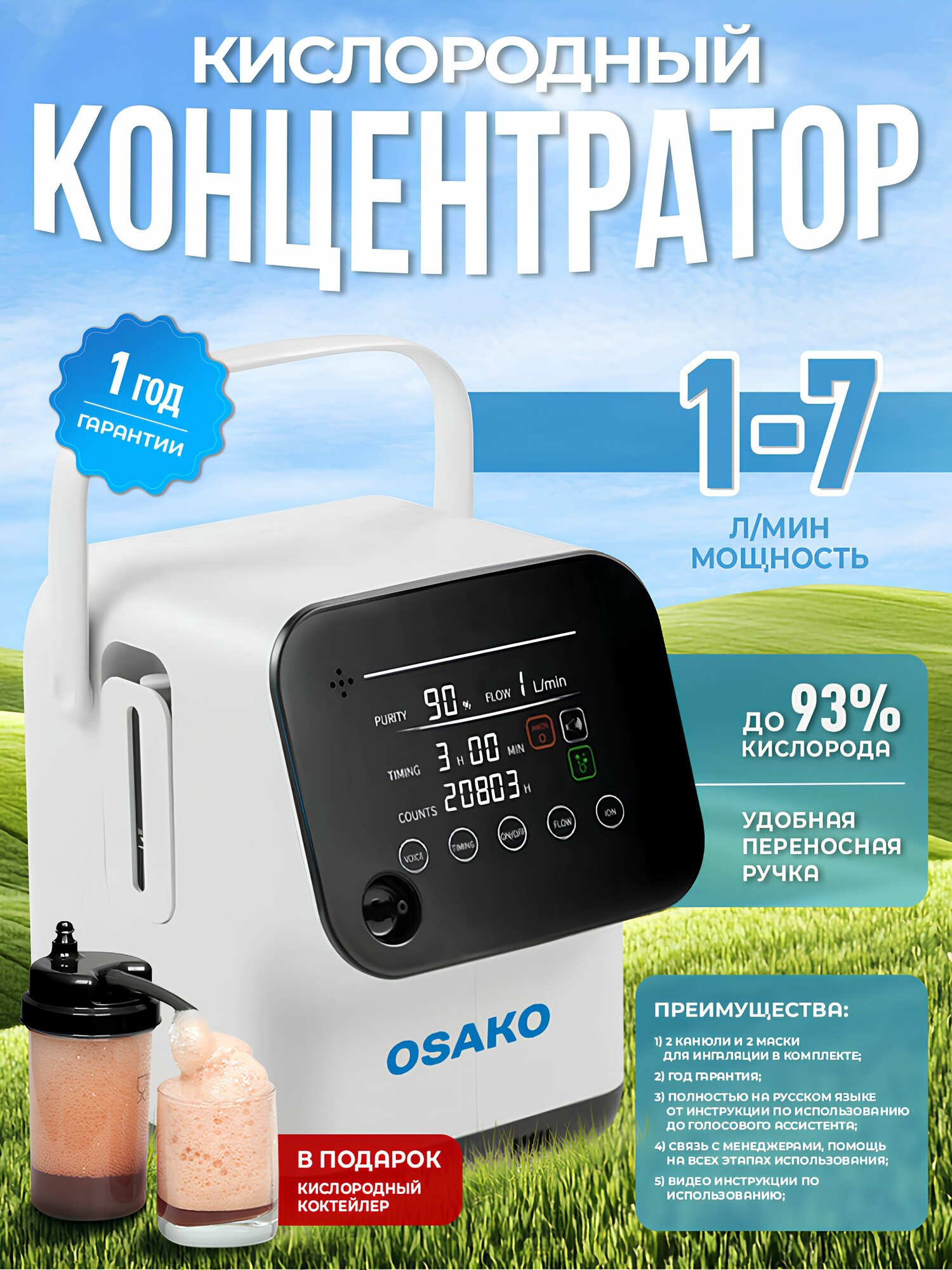 Концентратор кислорода OSAKO JAY-1S 1 л/мин, медицинский переносной портативный генератор кислорода для дыхания и домашнего использования