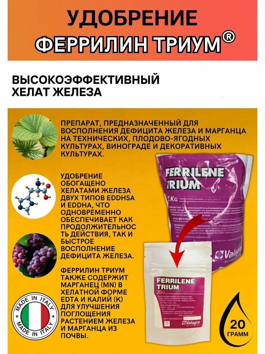 Удобрение Хелат железа Valagro Ferrilene Trium Феррилин Триум, для всех культур, 20 грамм