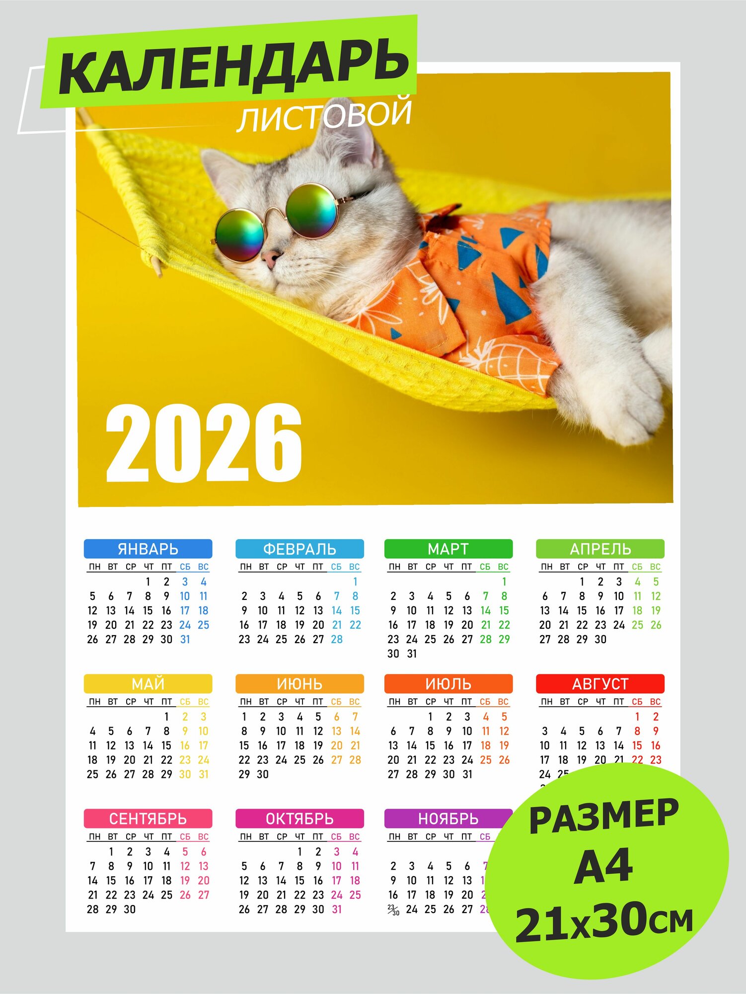 Календарь кот в очках а4 2026