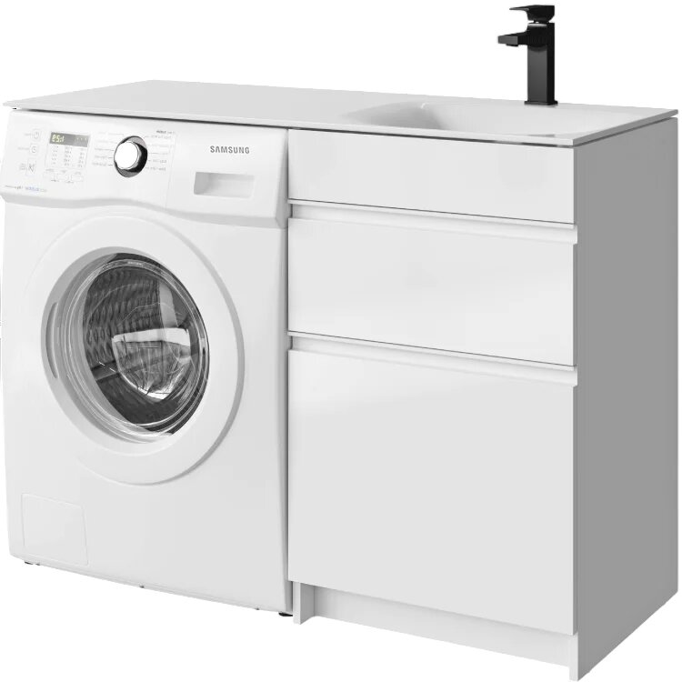 Тумба с раковиной Aqwella Duet 53 R под стиральную машину, напольная, 115 см, белая, глянцевая, из ЛДСП, с ящиками, раковина для ванной из искусственного мрамора, прямоугольная
