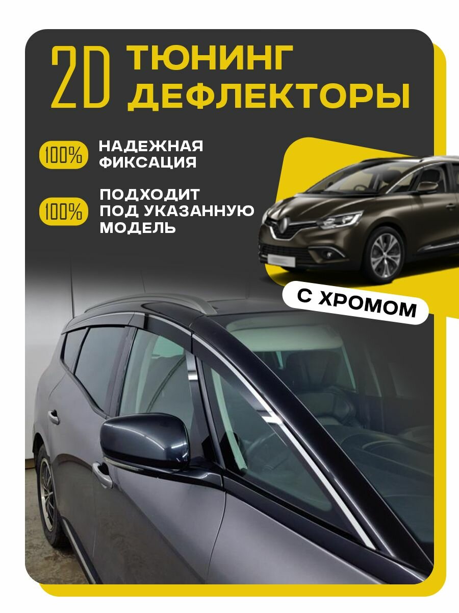Плоские тюнинг дефлекторы для Renault Grand Scenic 4 (2016-2022) 2d дефлекторы / Ветровики 2д на Рено Гранд Сценик 4. Комплект 8 шт + хром