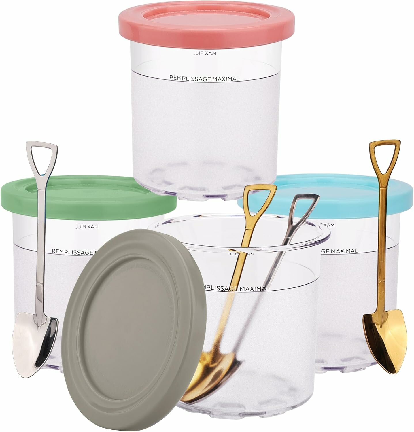 Сменные контейнеры для мороженого Ninja Creami и крышки, совместимые с мороженицей серии NC301, NC300, NC299AMZ, с 4 ложками, можно мыть в посудомоечной машине, цвет серый/розовый/зеленый/синий