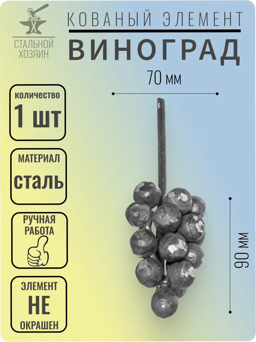1 шт. Декоративный кованый элемент Виноградная гроздь 90х70 мм