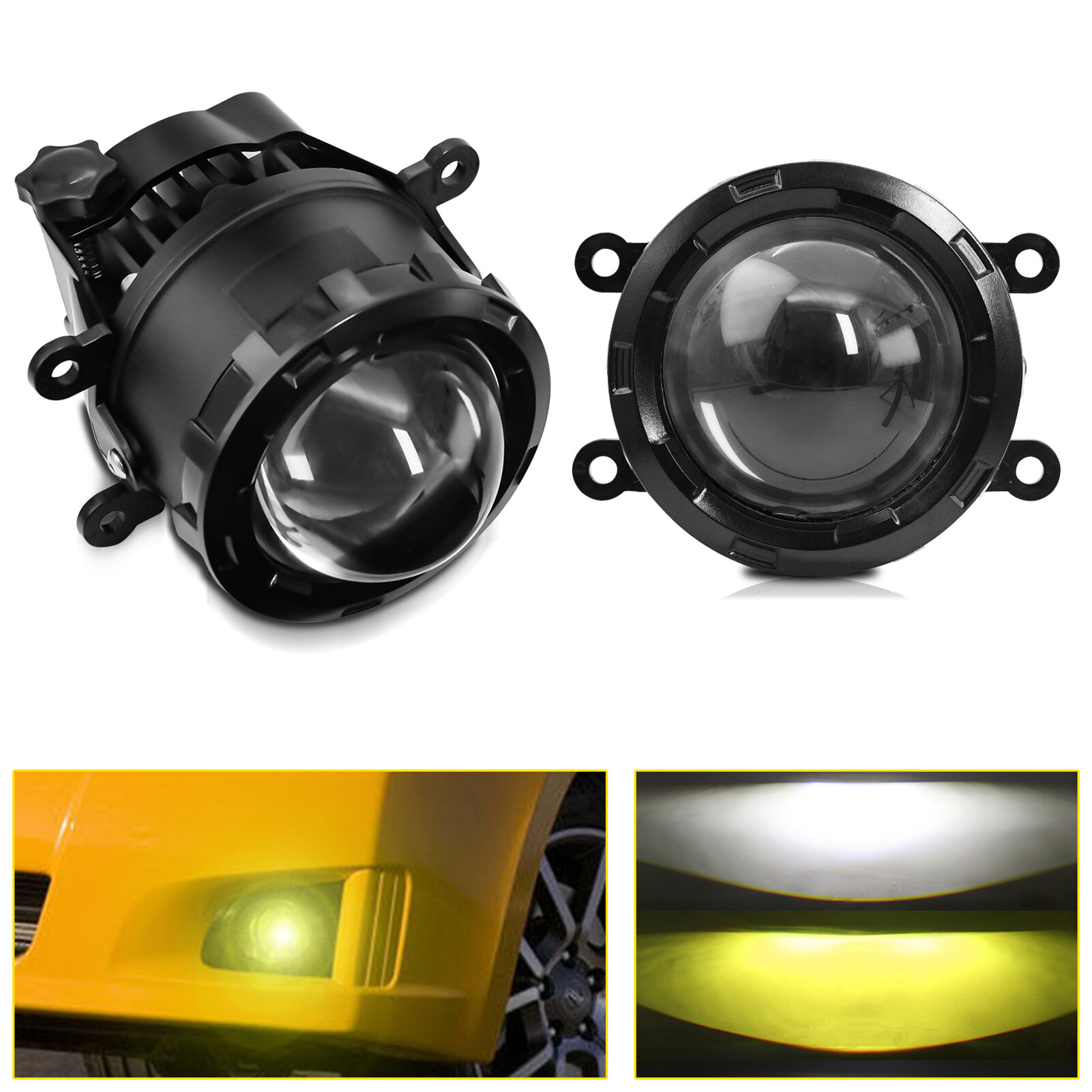 2 шт. 3-дюймовые светодиодные противотуманные фары, универсальные светодиодные линзы проектора для автомобиля, противотуманные фары с 5500K белым и 3000K желтым светом