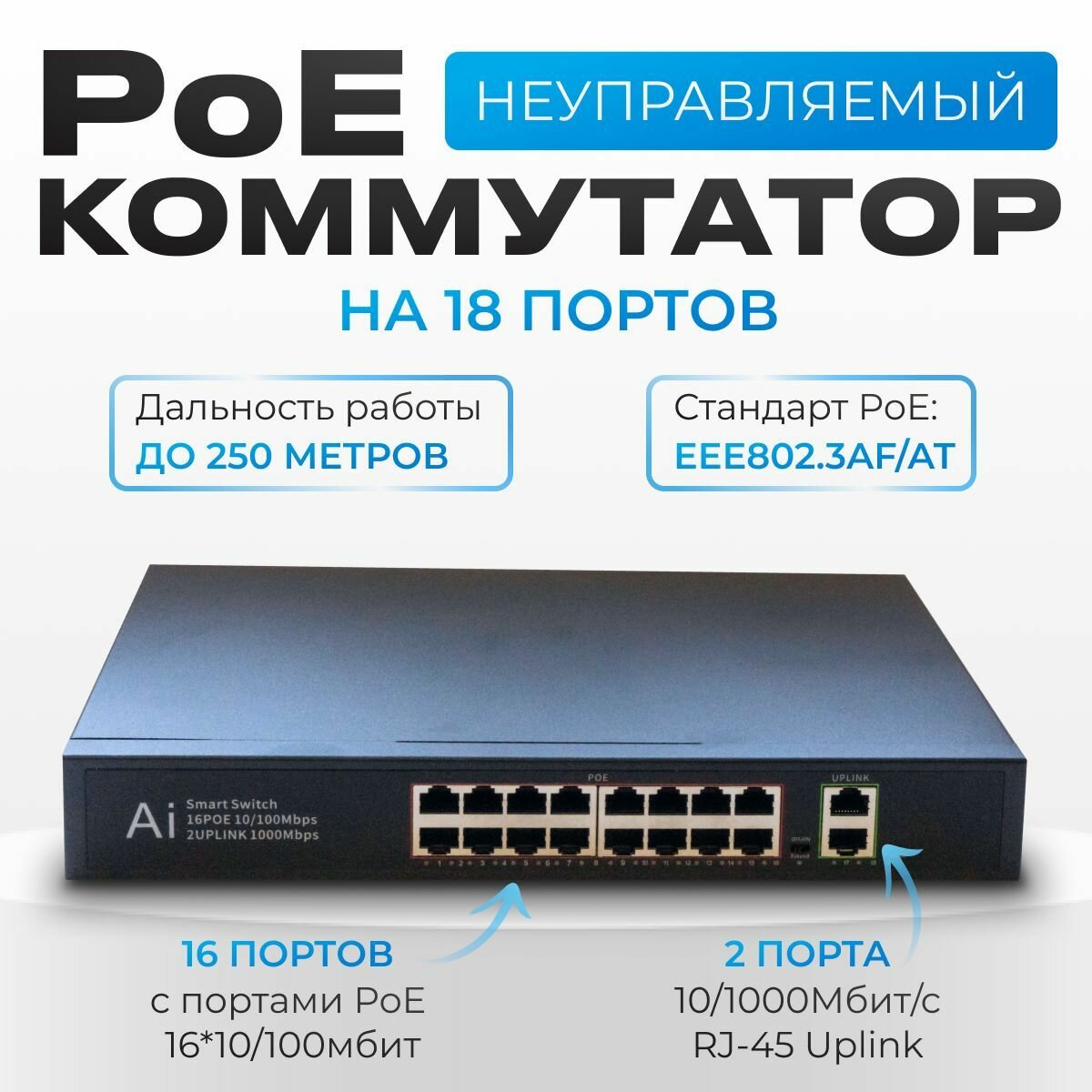 Сетевой коммутатор с 16 портами PoE ( 802.3af/at) PoE 16*10/100мбит +2*10/1000 Мбит Порт RJ-45 , с дальностью линии до 250 метров. (PoE-3018)