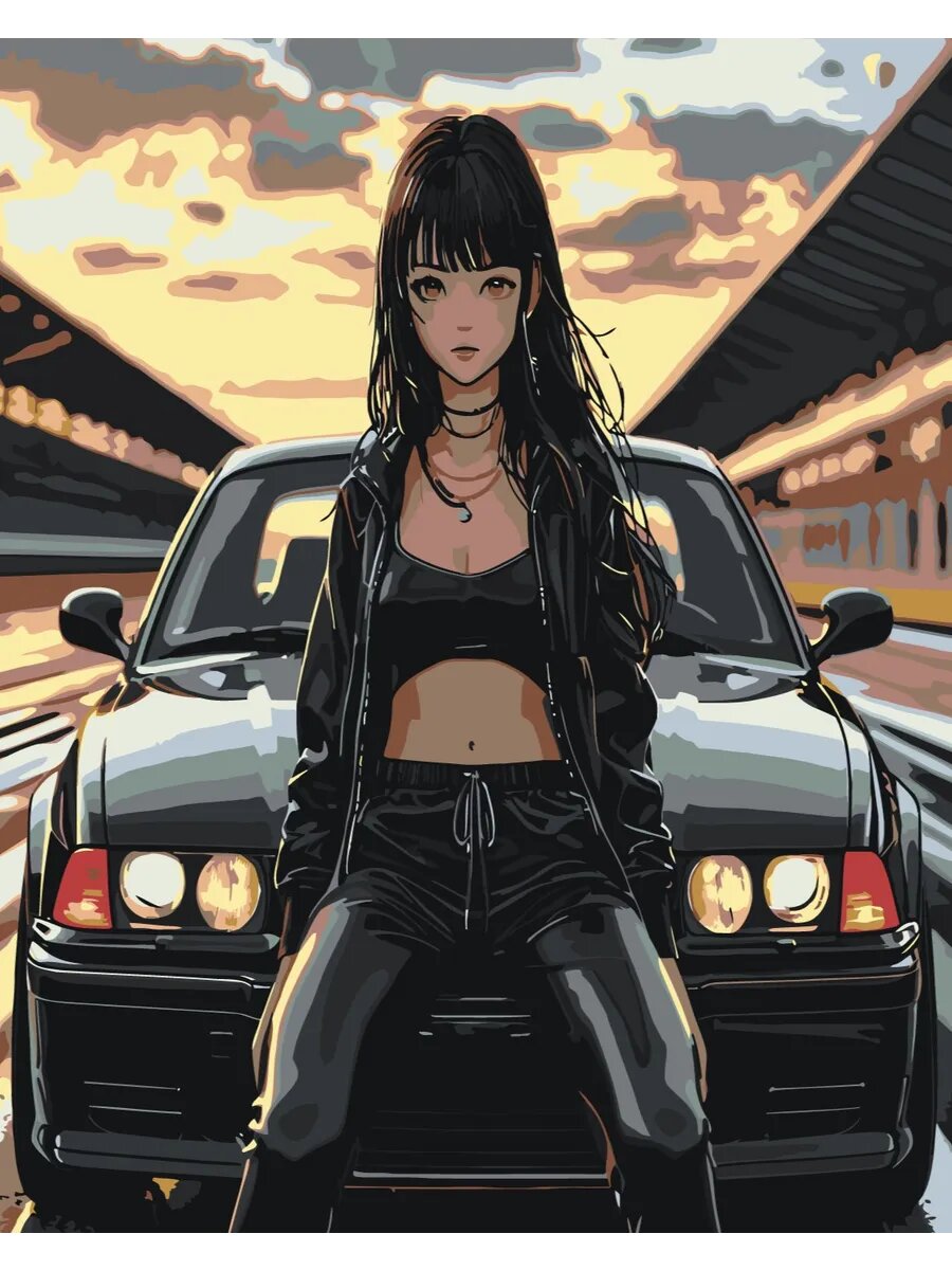 Картина по номерам Девушка Аниме с БМВ Машина Автомобиль