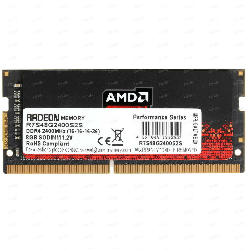 Оперативная память AMD Radeon R7 Performance Series (R7S48G2400S2S) SODIMM DDR4 8ГБ - DDR4, 8ГБх1, 2400 МГц, PC19200, тайминги: 16-16-16-36