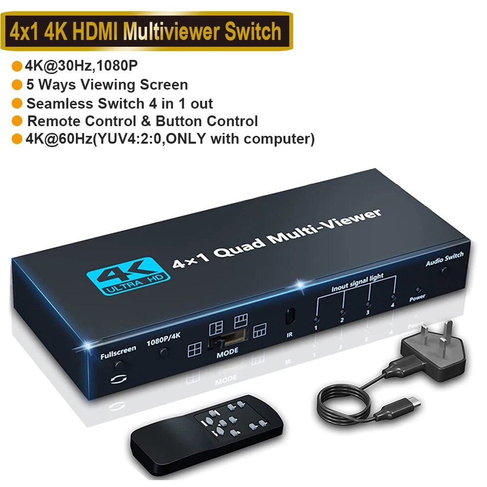 Navceker KVM HDMI мультипросмотр 4 в 1 1080P ZY-AQF, UK Power Plug