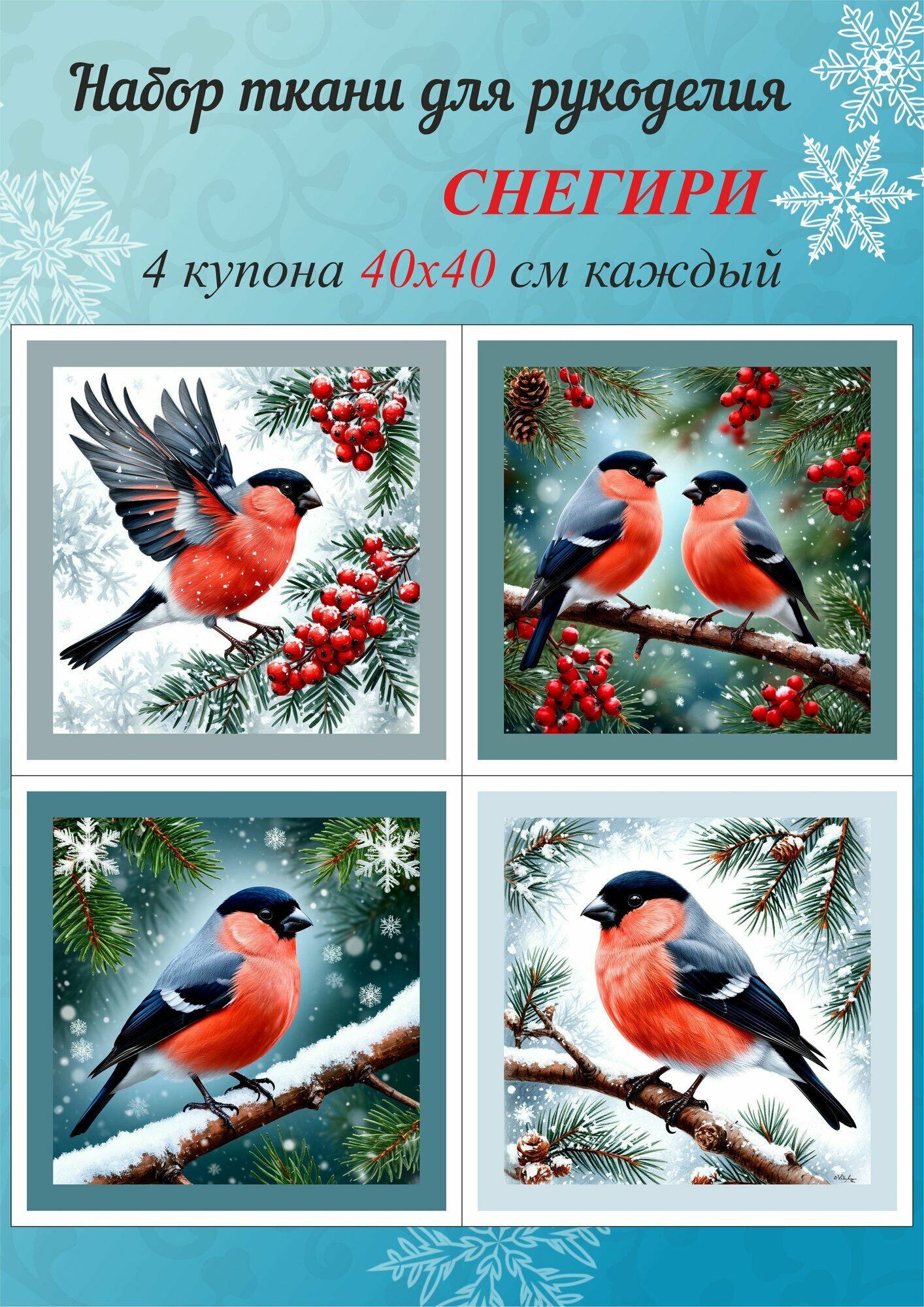 Купон ткань с принтами для пэчворка и шитья Снегири