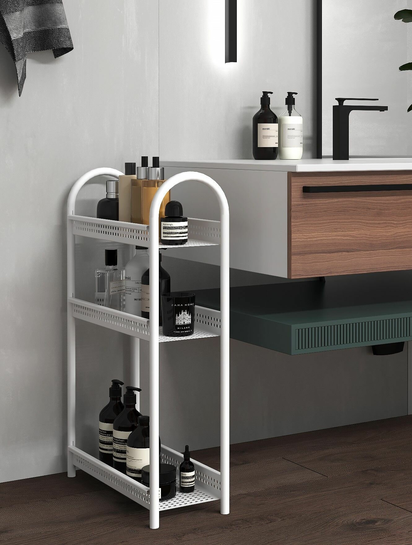 Напольная полка Metalliroom, для ванной комнаты, белая, матовая, 3 яруса, 43 х 18 см