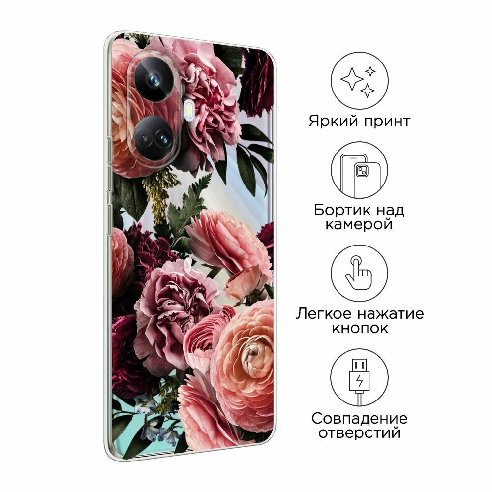 Чехол на Realme 10 Pro+ / Реалми 10 Про+ с принтом "Бордовые винтажные цветы", прозрачный — фото 1