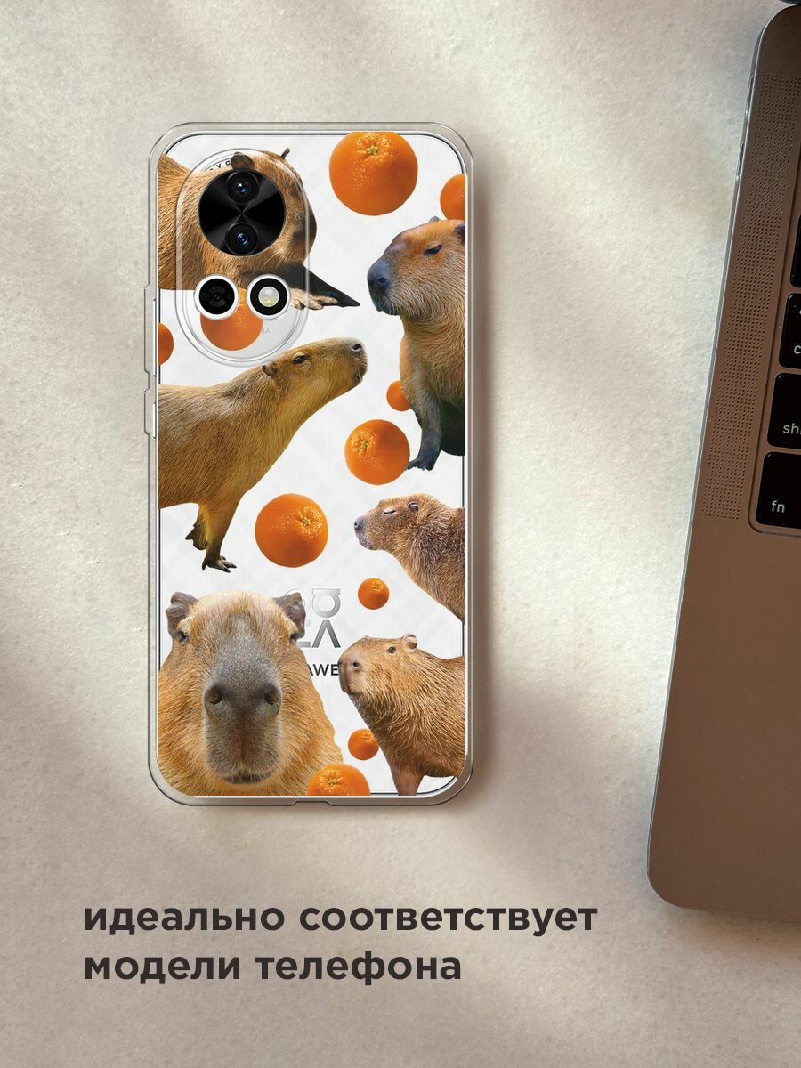 Чехол на Huawei Nova 12/Nova13 / Хуавей Нова 12/Нова 13 с принтом "Капибара и апельсины", прозрачный — фото 1