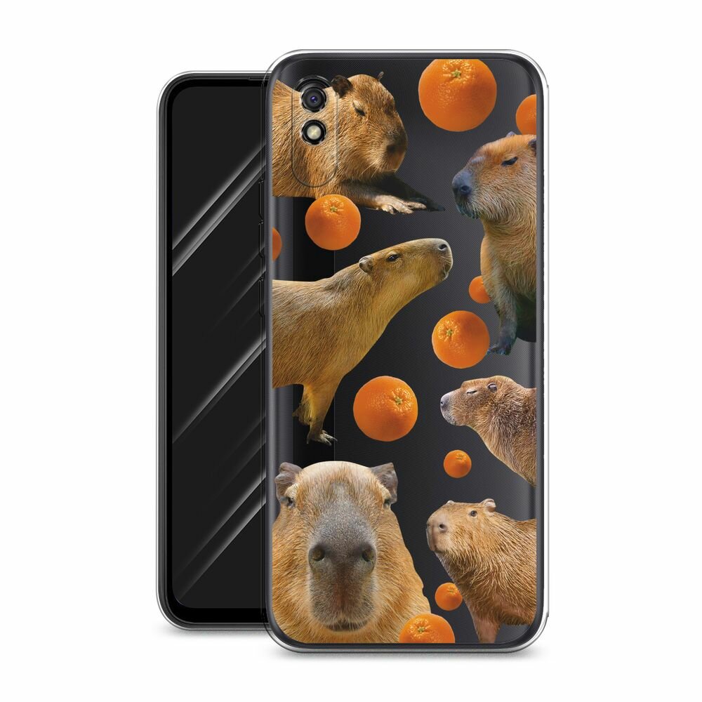 Чехол на Xiaomi Redmi 9A / Сяоми Редми 9А с принтом "Капибара и апельсины", прозрачный — фото 1