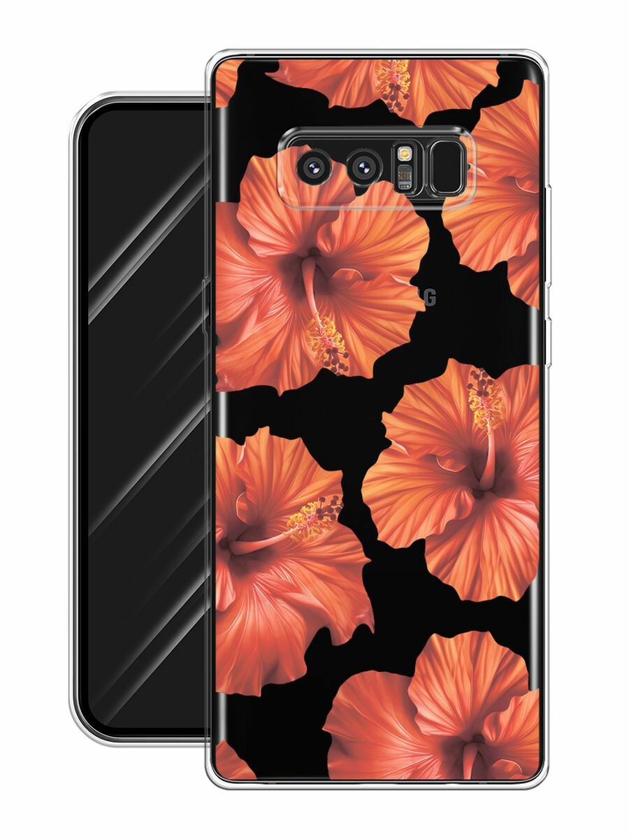 Чехол на Samsung Galaxy Note 8 / Самсунг Галакси Нот 8 с принтом "Рыжие гибискусы", прозрачный — фото 1