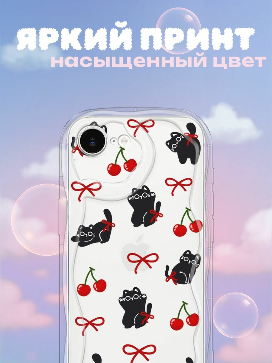 Чехол на iPhone 16e / Айфон 16е/17e с принтом "Котик, вишня и бантики" — фото 1