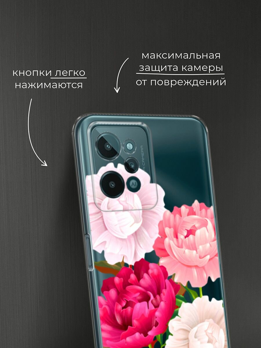 Чехол на Realme C31 / Реалми C31 с принтом "Большие пионы", прозрачный — фото 1
