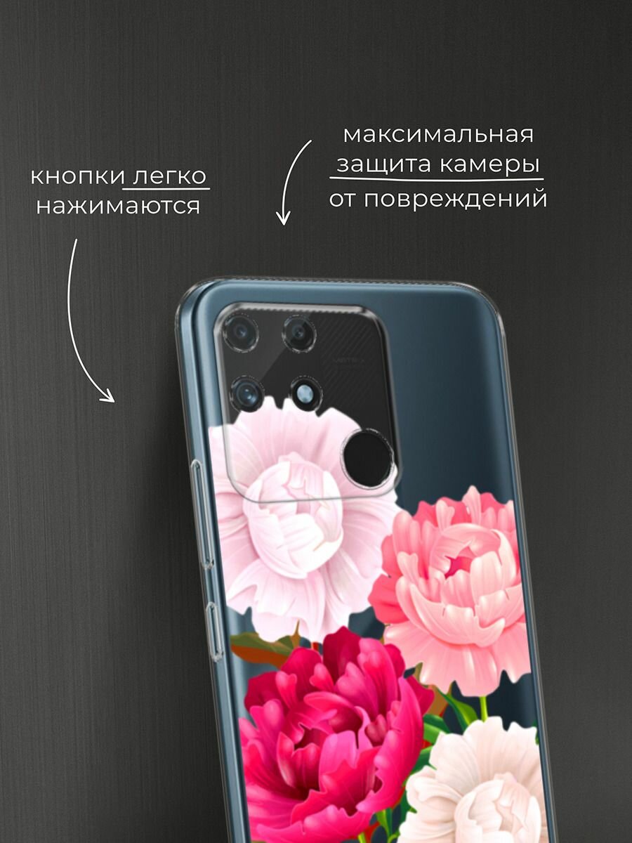 Чехол на Realme Narzo 50A / Реалми Нарзо 50A с принтом "Большие пионы", прозрачный — фото 1