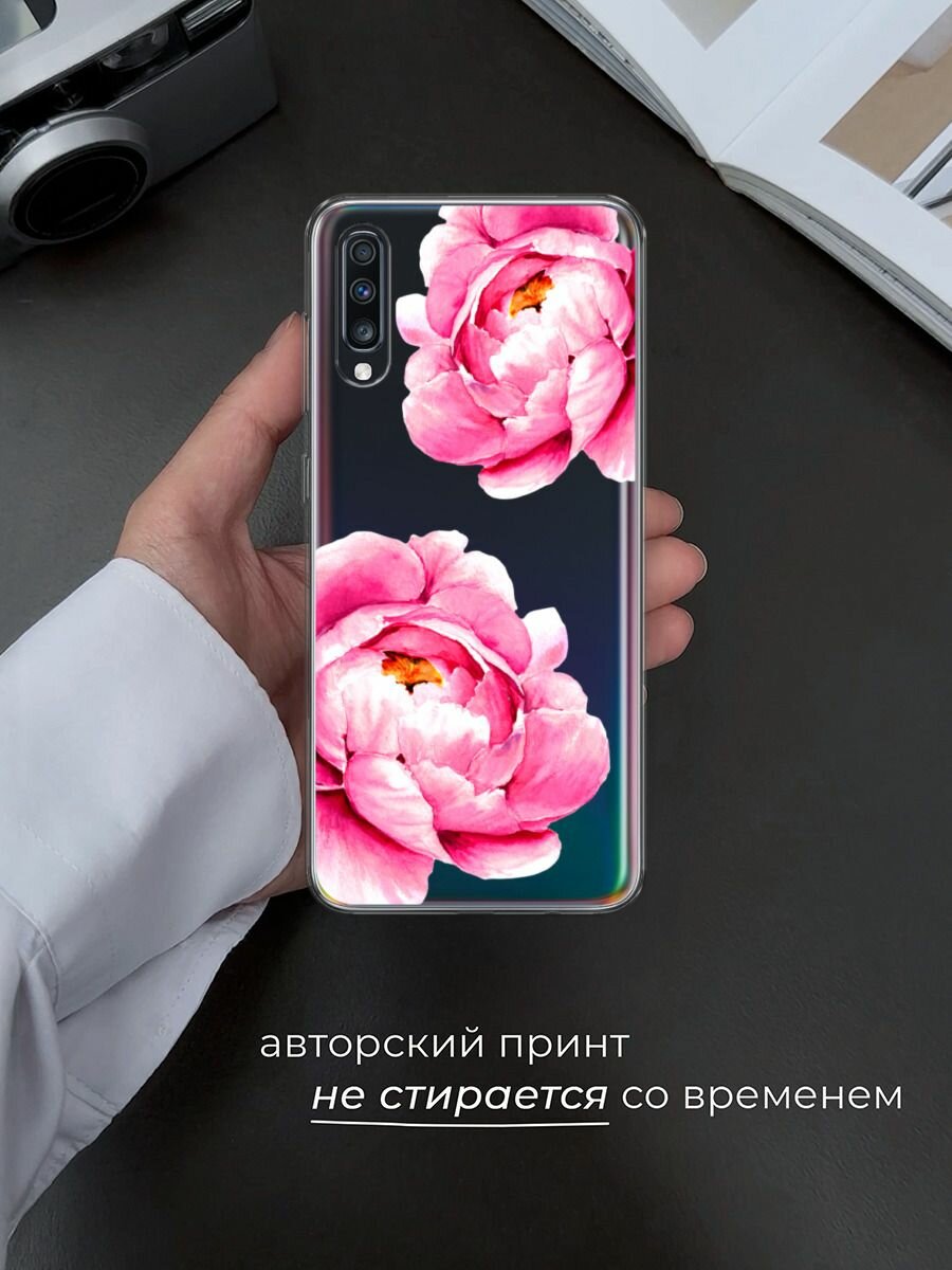 Чехол на Samsung Galaxy A70 / Самсунг Галакси А70 с принтом "Open peonies", прозрачный — фото 1